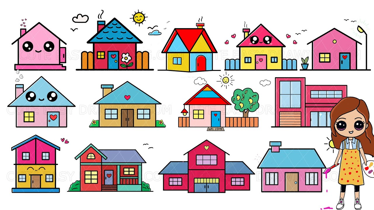 Cute Easy Drawing Cute Houses | 100 Minutes Long Video Sunday Special ...