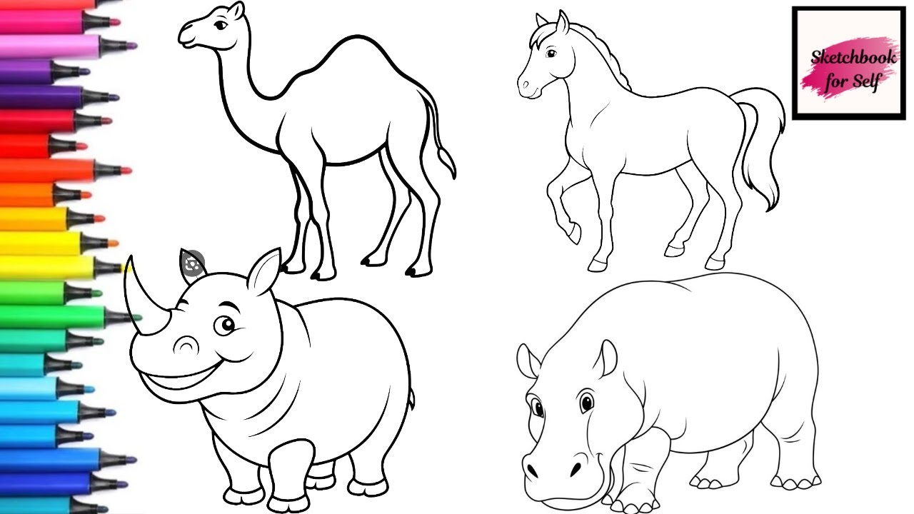 🎨HOW TO DRAW 4 DIFFERENT ANIMALS 🐎🦏🐫! Children Draw Animals - YouTube