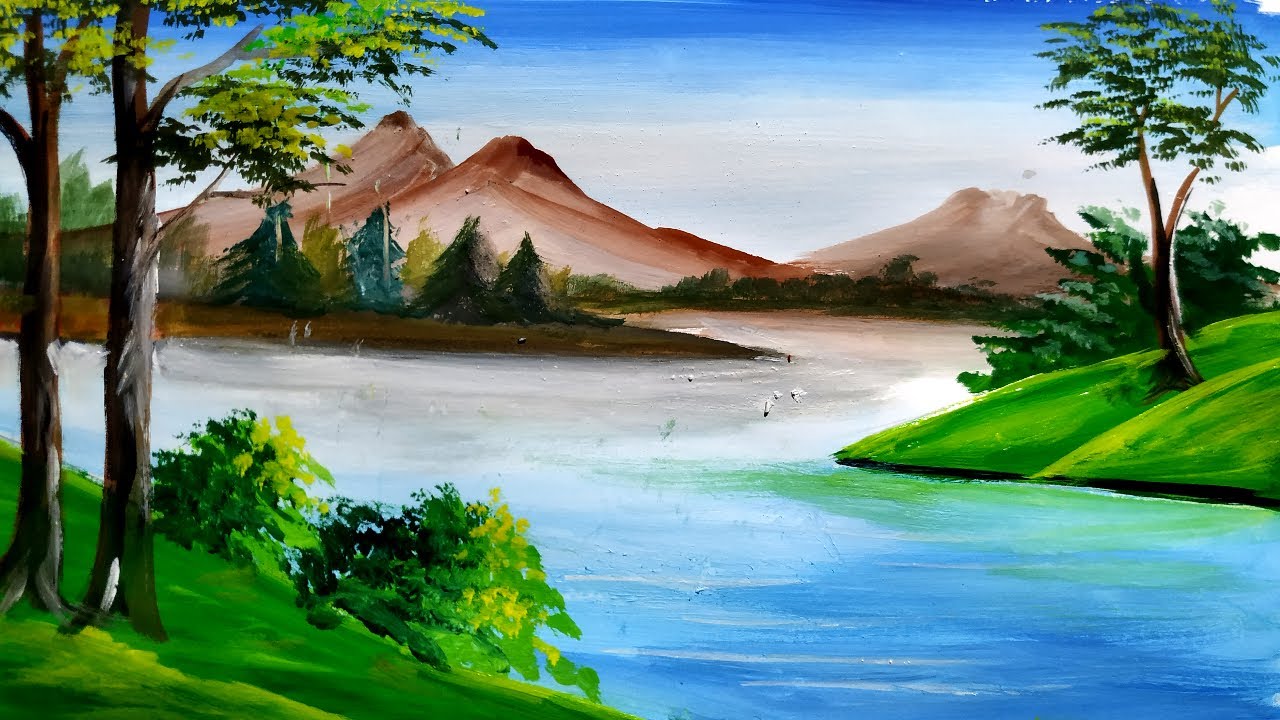 how to draw a beautiful scenery painting with poster color, poster ...