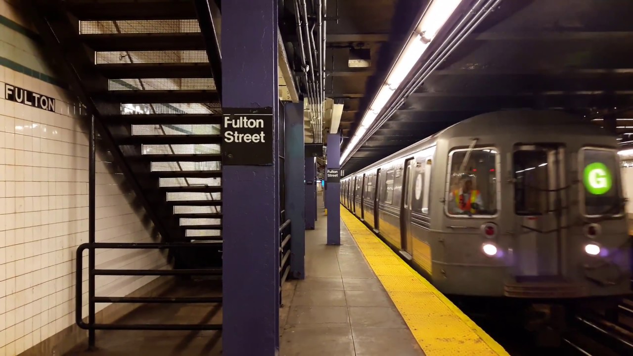R68 (G) Shuttle Train [#2876-#2879] leaving Fulton Street (w/ R77 work ...