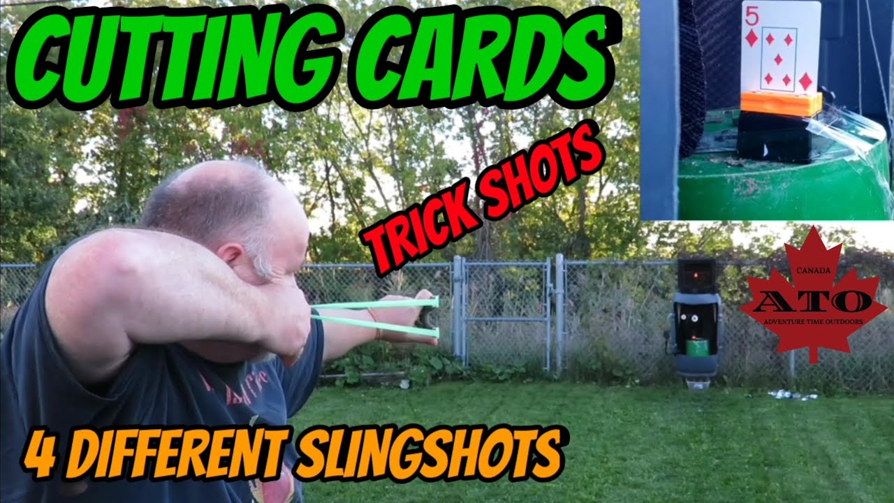 Trick shot card cuts with 4 different slingshots - YouTube