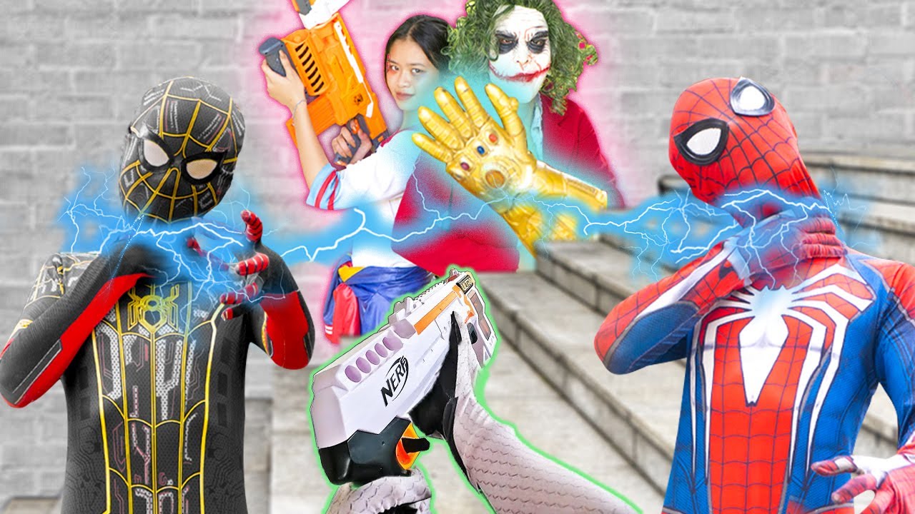 TEAM SPIDER-MAN vs BAD GUY TEAM NERF WAR w/ Joker Stole Thanos Infinity ...