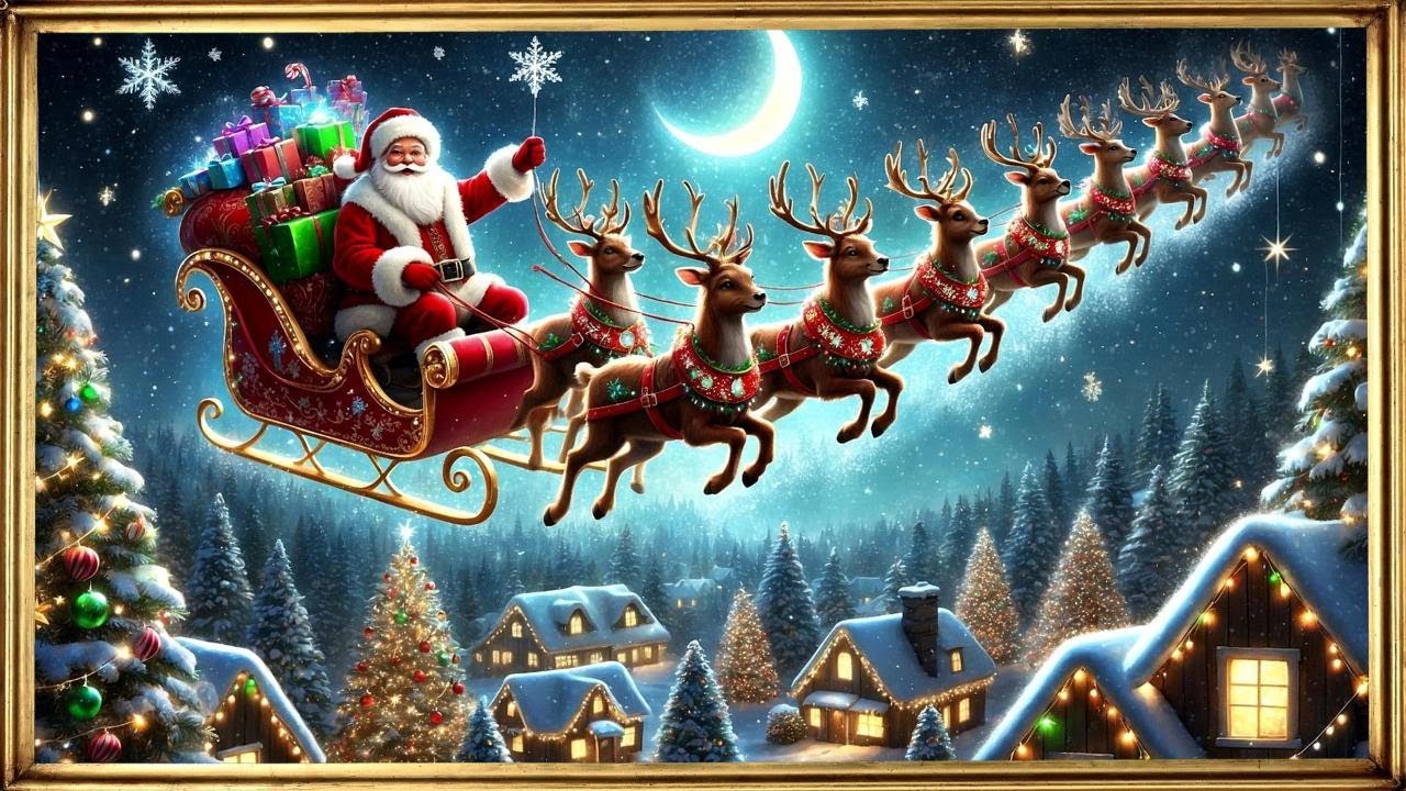 Santa Claus Flying with Reindeers in Magical Sleigh | Christmas Eve ...