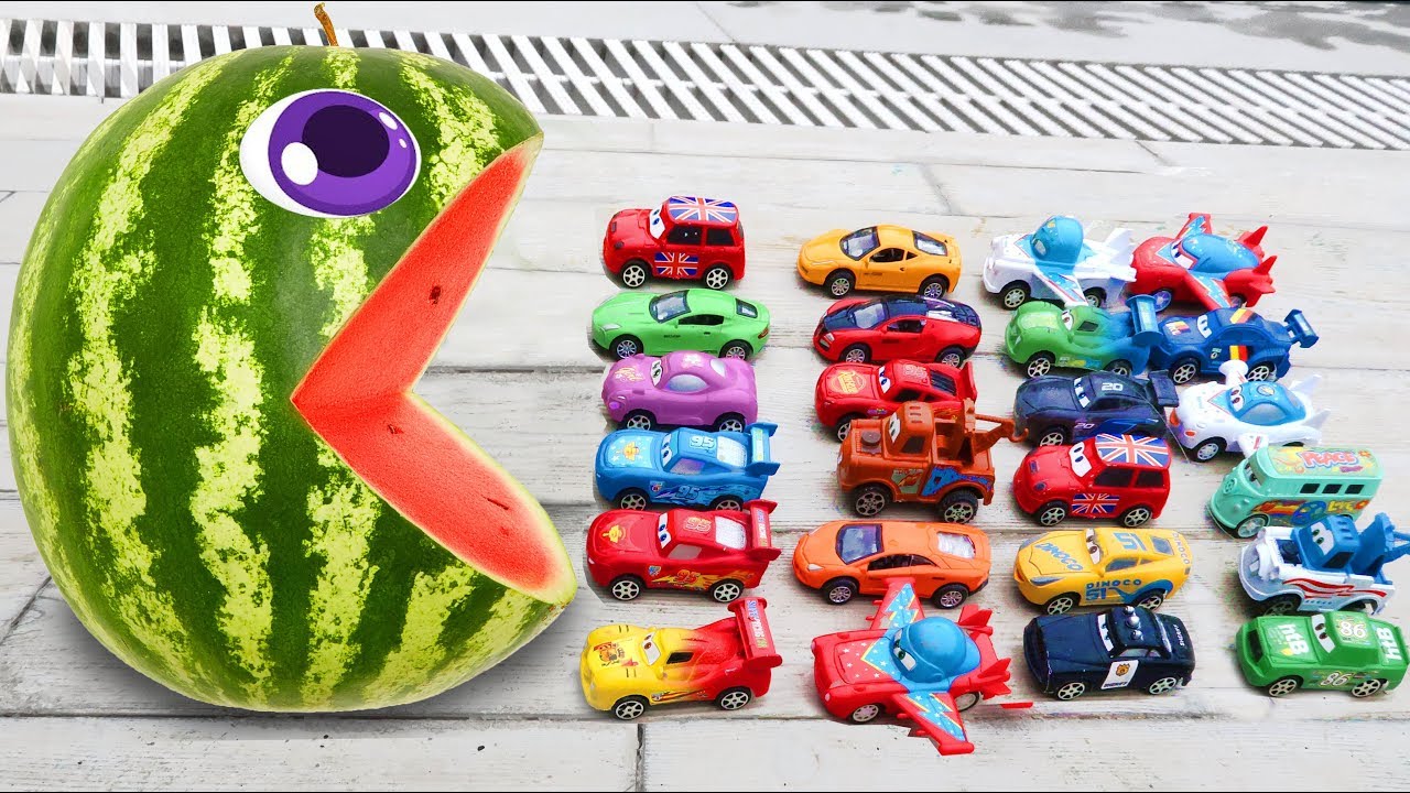 Watermelon Pacman VS Many Mini Toy Cars | Toys & Trucks stories for ...