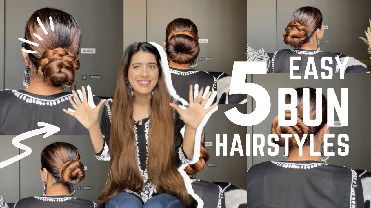 5 easy BUN hairstyles for OFFICE | Bun For Long Hair | College ...