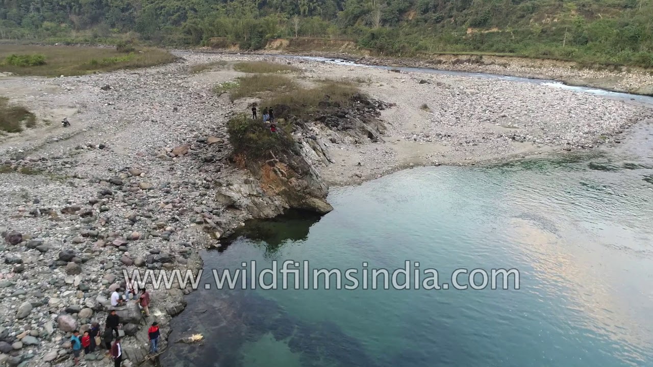 Aerial view of Simang river, a tributary to Siang river in Arunachal ...