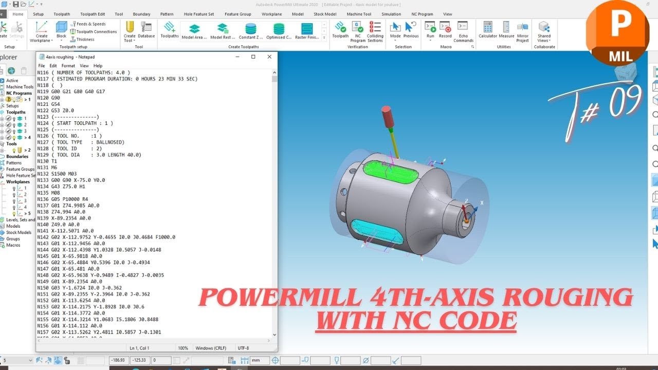 PowerMill 4 Axis Roughing With NC Program | Rotary Axis Roughing - in ...