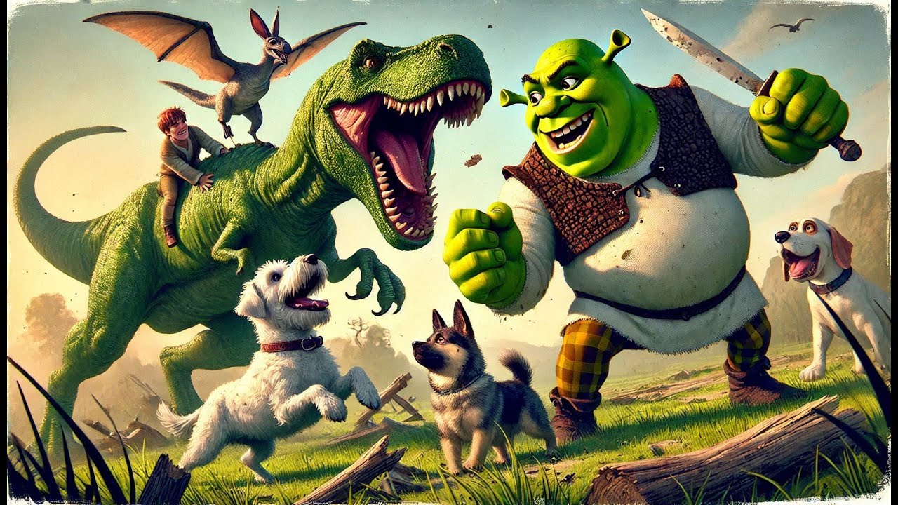Shrek fighting a dinosaur, a dog and a rabbit - YouTube