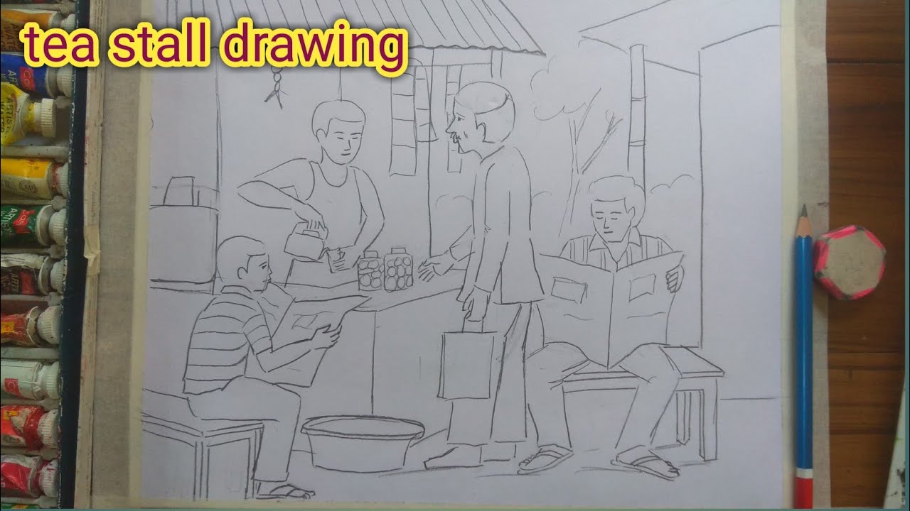 how to draw tea shop/out line sketch drawing tea shop ...
