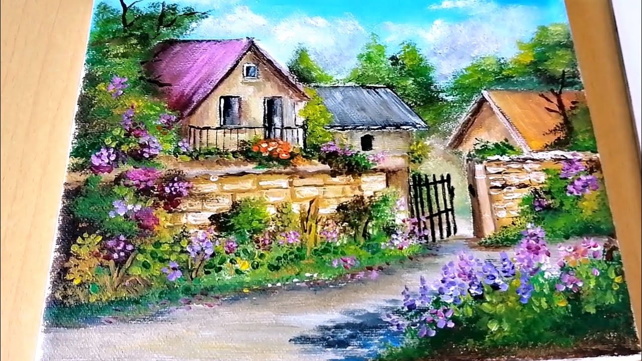 Acrylic Painting 'Houses and wall flowers Landscape Scenery #art #how # ...