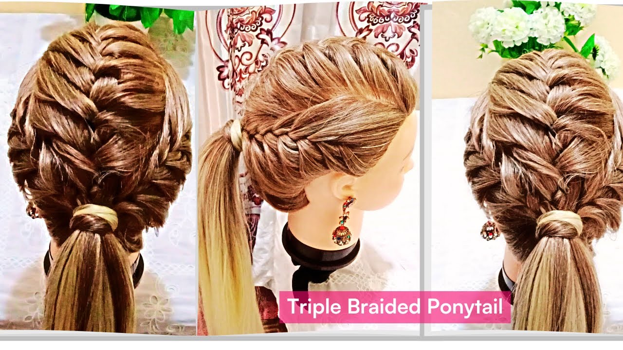 Triple Braided Ponytail | Easy & Cute Hairstyle| Ponytail Hairstyle ...