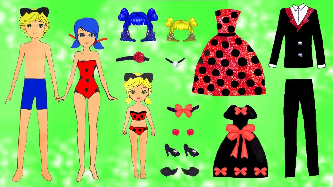 FAMILY DRESS UP LADYBUG & CAT NOIR PAPER DOLLS COSTUMES DRESSES ...