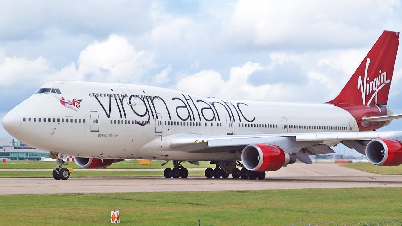 Virgin Atlantic Boeing 747-41R Take Off at Manchester Airport Runway ...