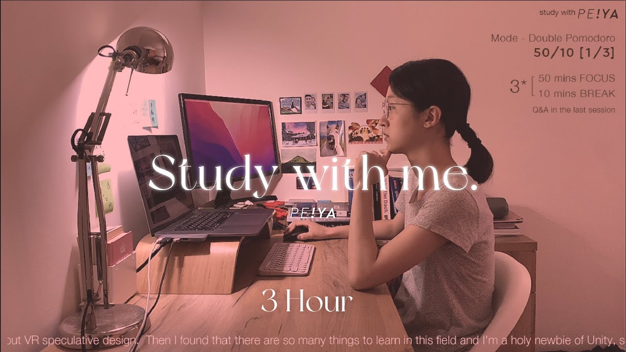 3 Hour Pomodoro Timer | Study with me | 50/10 Real-time Study | Design ...