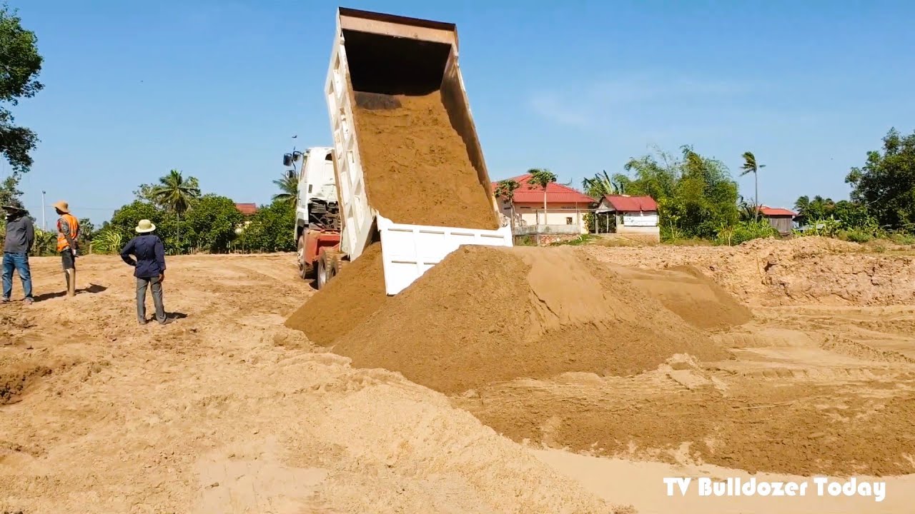 Amazing View Of New Road Construction With Bulldozers And Sand Trucks ...