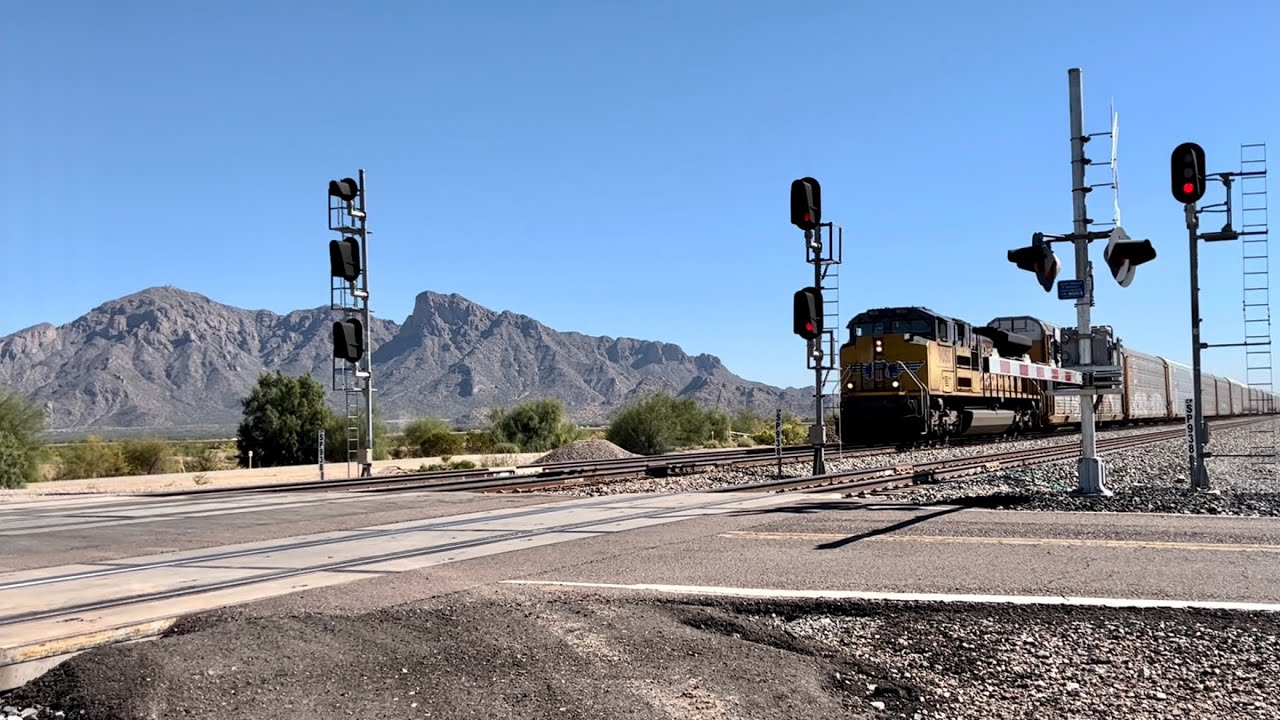 UP 9050 leads WB stacks with foreign DPU through Picacho AZ 10-31-22 - YouTube