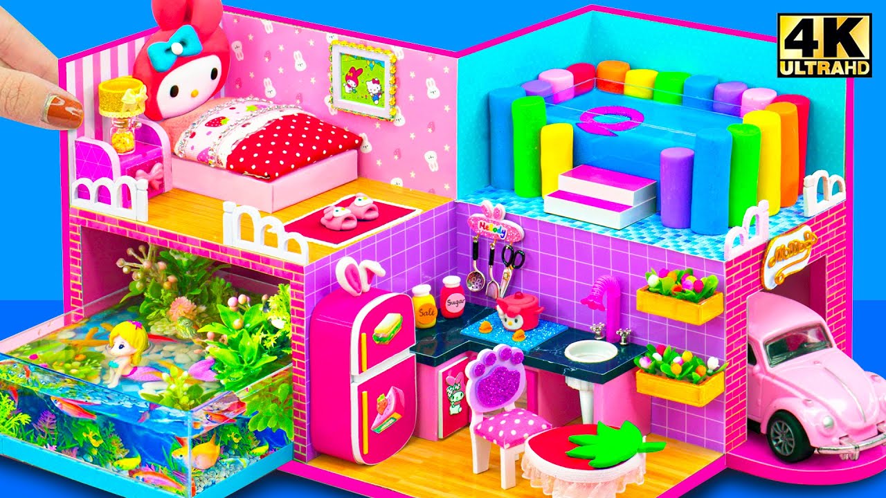 Make Pink Miniature Kuromi Dollhouse with Fish Tank, Swimming Pool and ...