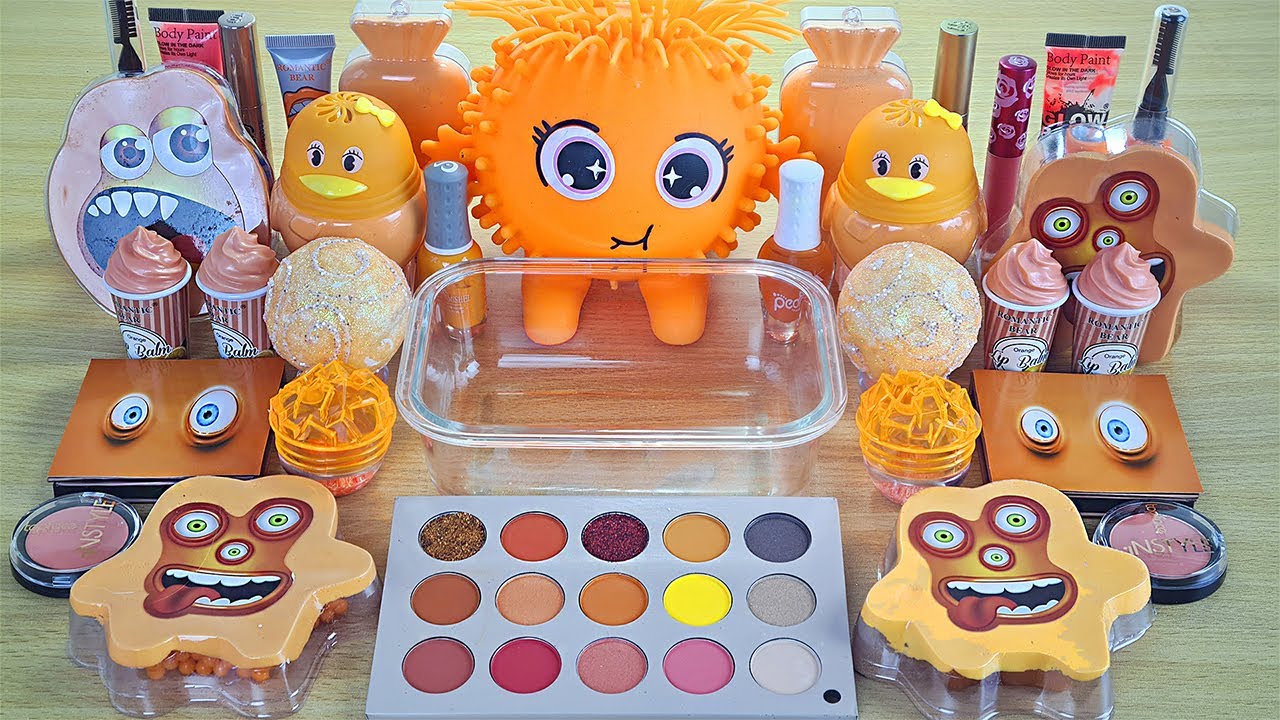 ORANGE SLIME | Mixing makeup and glitter into Clear Slime | Satisfying ...