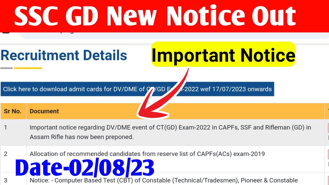 SSC GD Today New Notice Out 🤯ssc gd today important notice for DME/DV ...