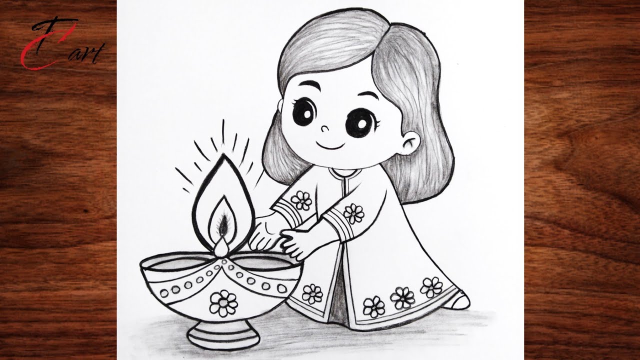 How to Draw a Cute Girl Lighting Diya | Easy Diwali Special Pencil ...