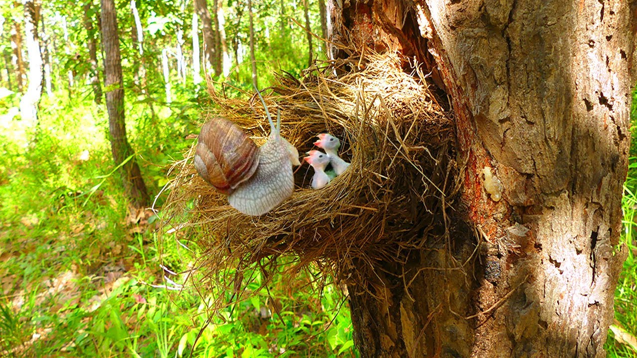 Man walks to meet snails in birds nest | Snails want to eat baby birds ...