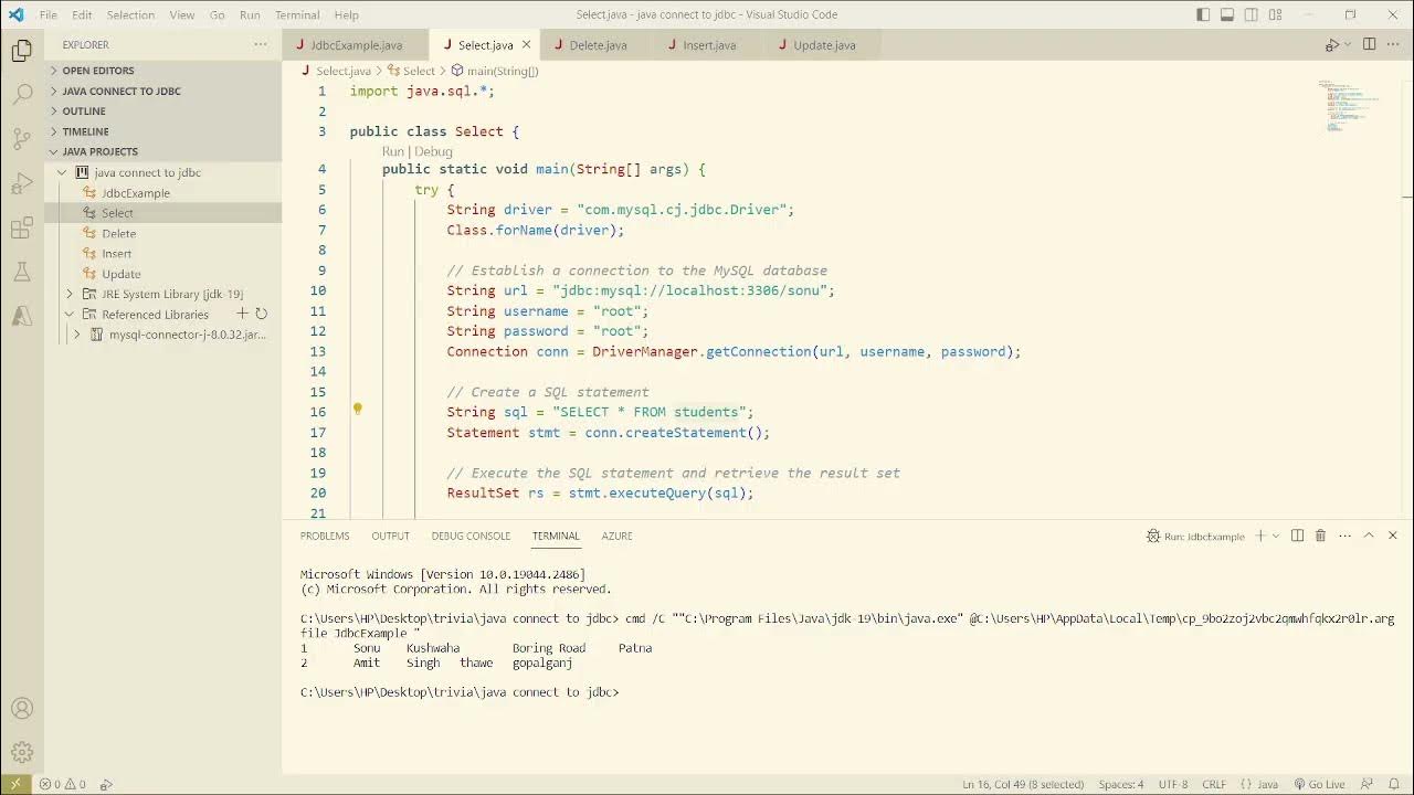 Connect to JDBC Examples in java using MySQL - YouTube