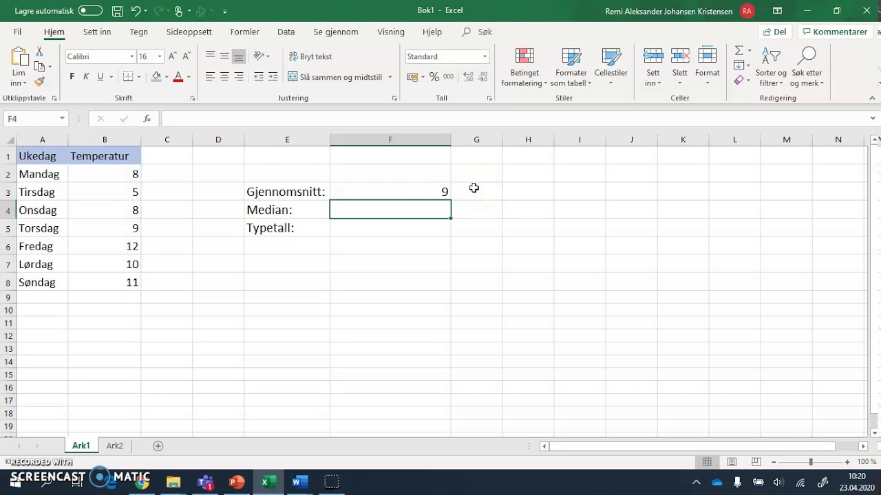 Finne gjennomsnitt,median og typetall i Excel - YouTube
