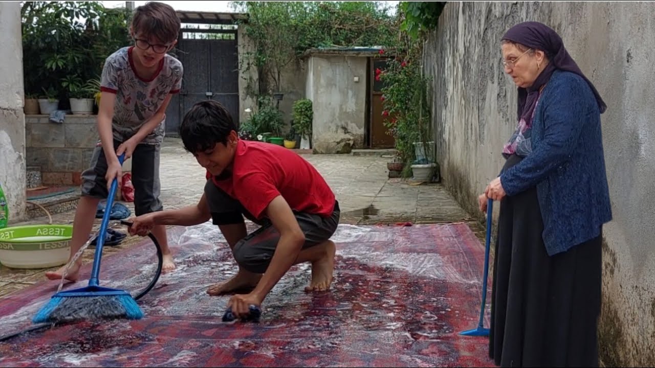 Daily Routine village life in IRAN - Carpet cleaning for a rural family ...