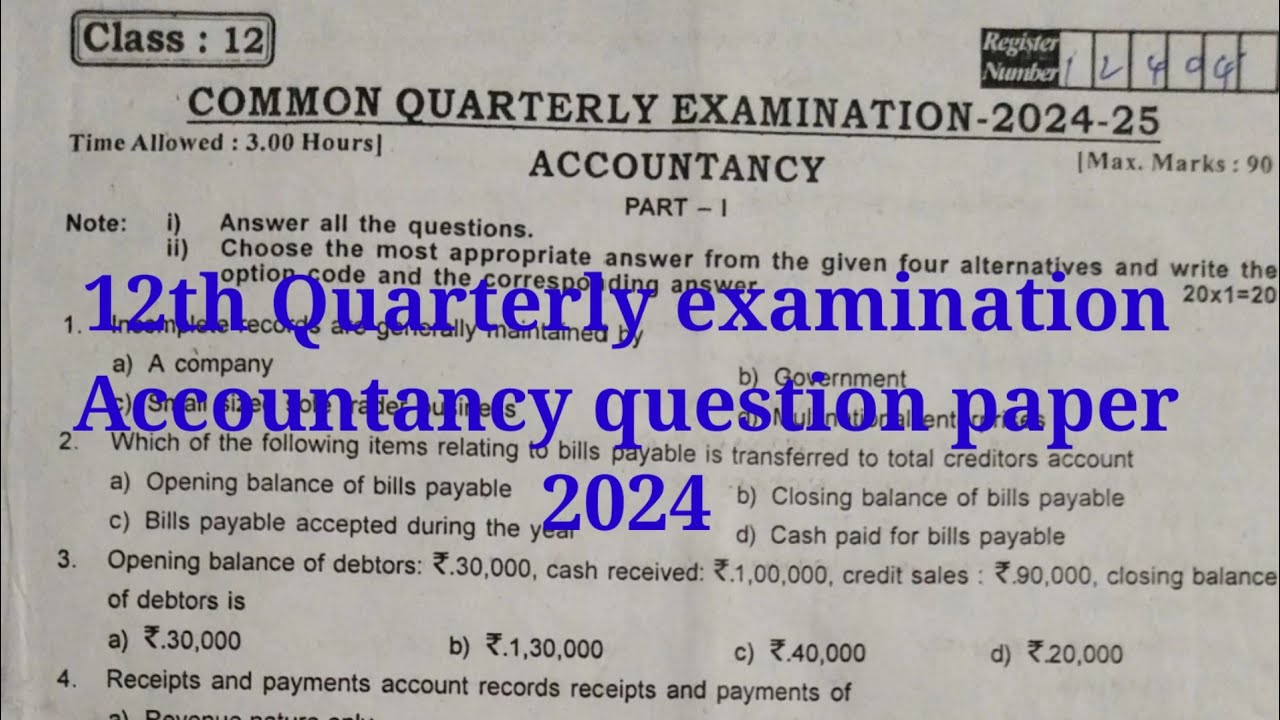 12th std Quarterly examination Accountancy question paper 2024 - YouTube