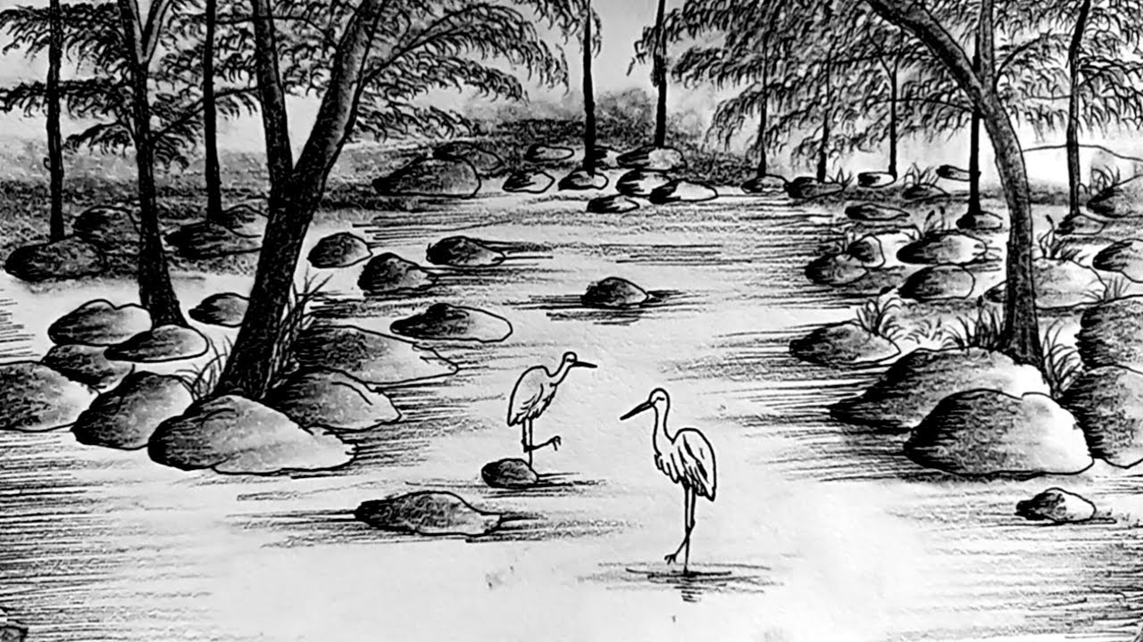 How to draw a realistic||scenery||Easy drawing for beginners||JAVERIA ...