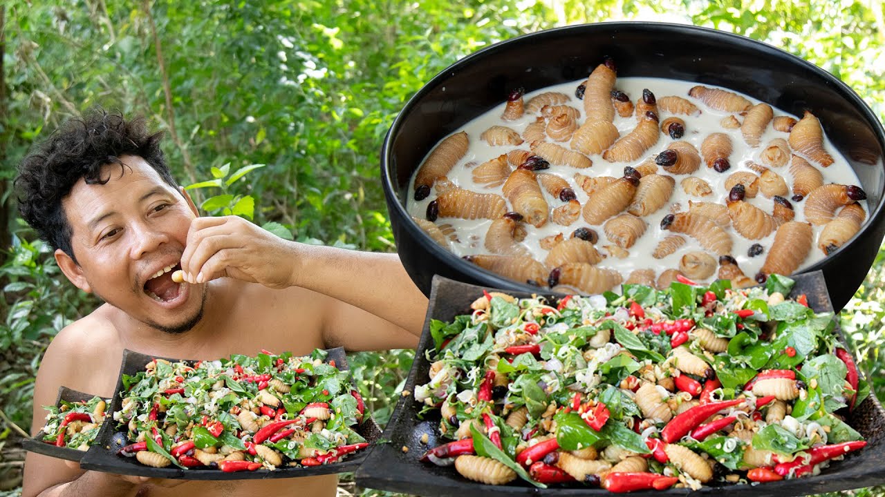 O.M.G Catch and Cooking Alive Coconut Worms Salad - YouTube