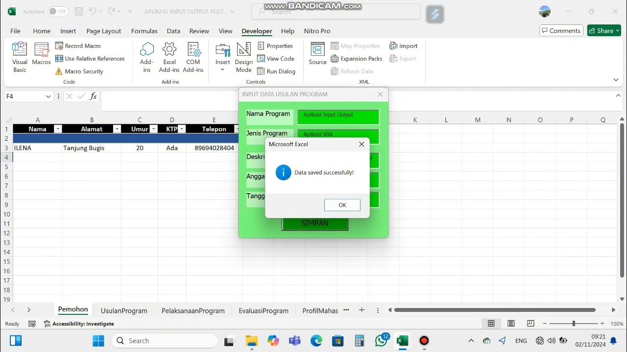 VIDEO DEMO APLIKASI VBA, INPUT OUTPUT DATA | ILENA ENDAR SARI (3202302044) - YouTube