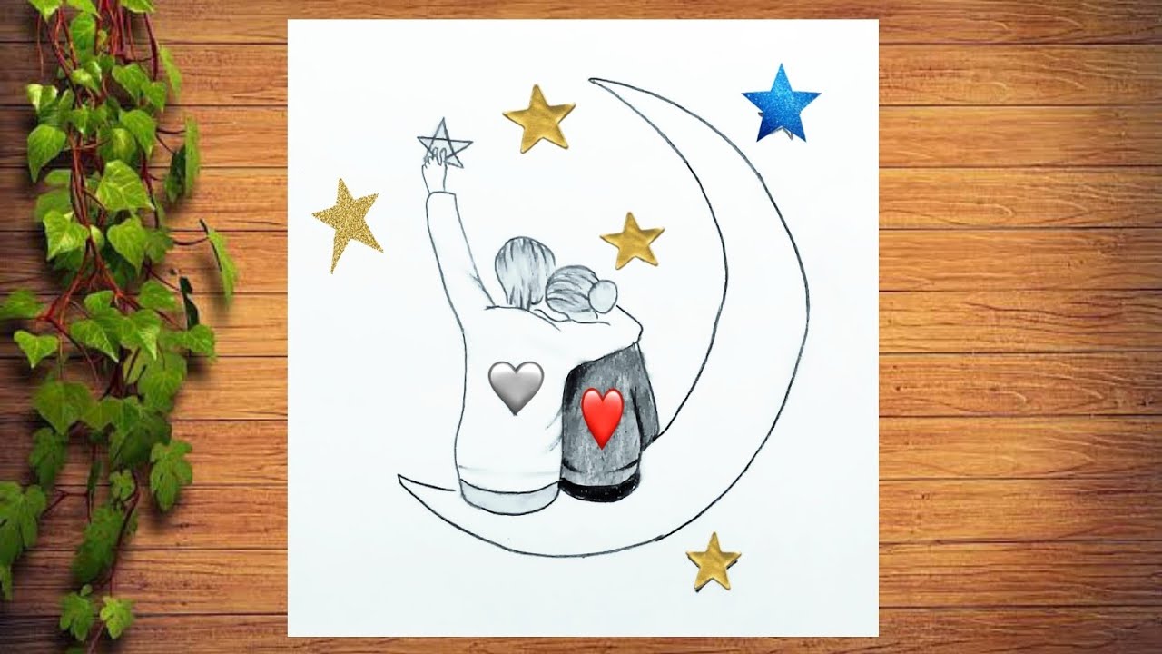 How to draw Romantic Couple sitting on the Moon - with Pencil Sketch ...