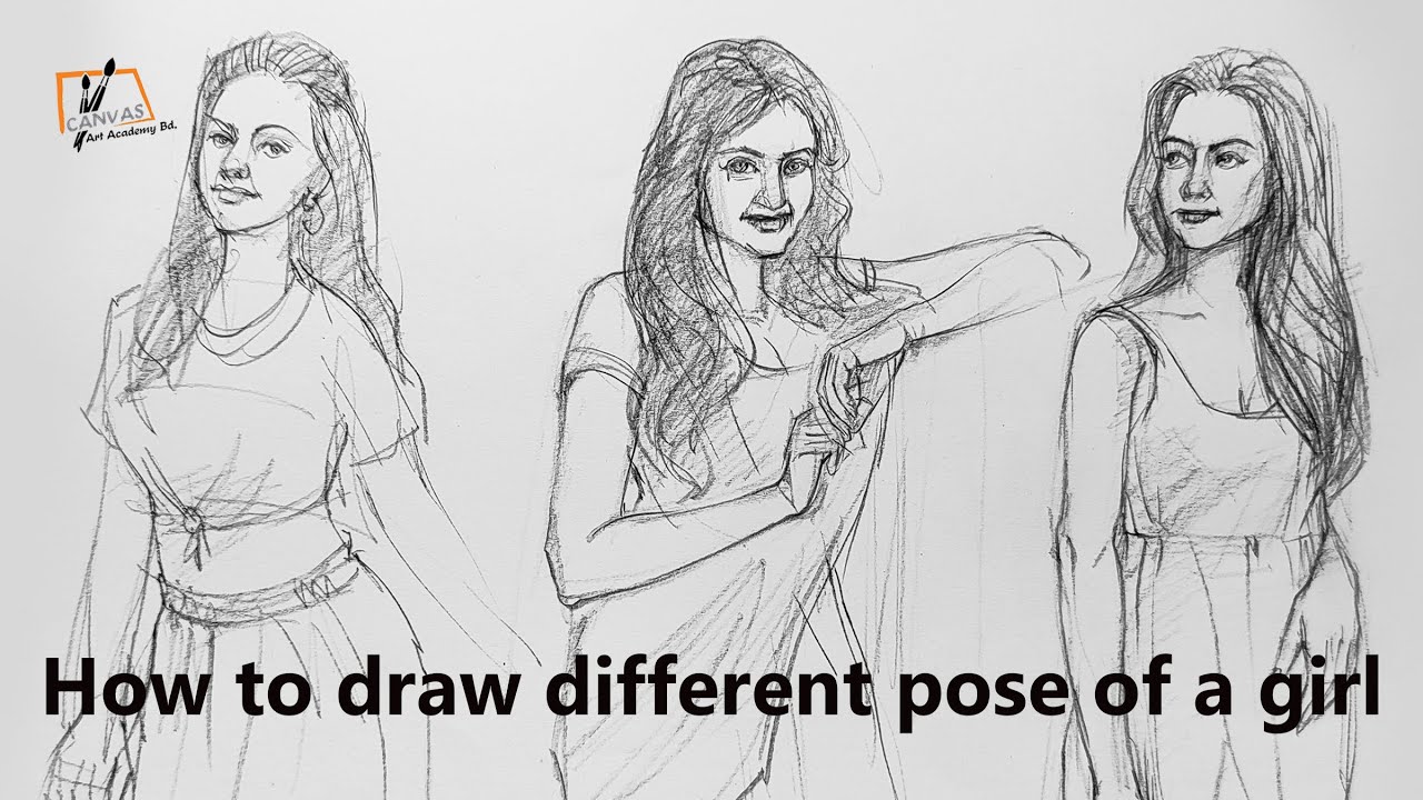 How to draw different poses of a girl | How to make a line drawing of ...