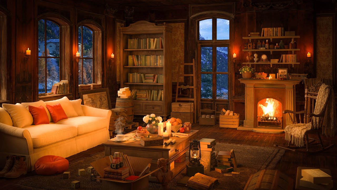 4K Cozy Ambience Place with Fireplace and Smooth Jazz Piano Music for ...