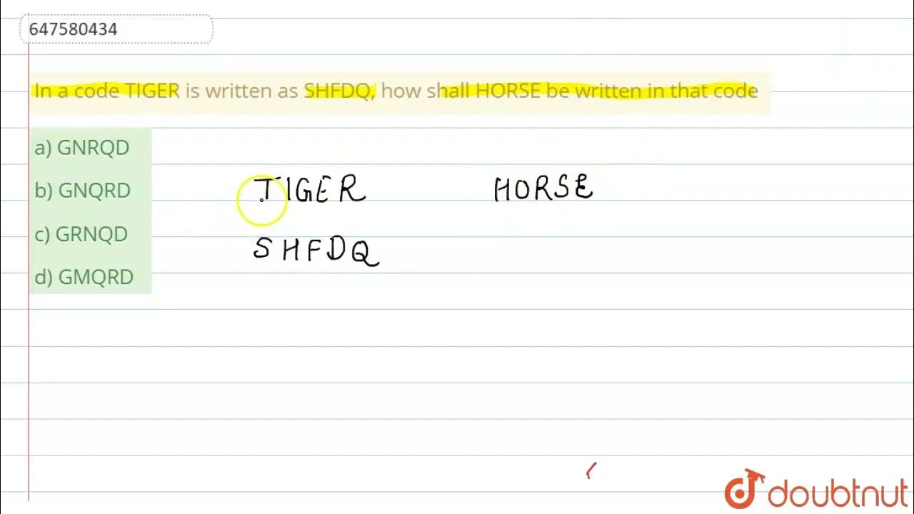 In a code TIGER is written as SHFDQ, how shall HORSE be written in that ...