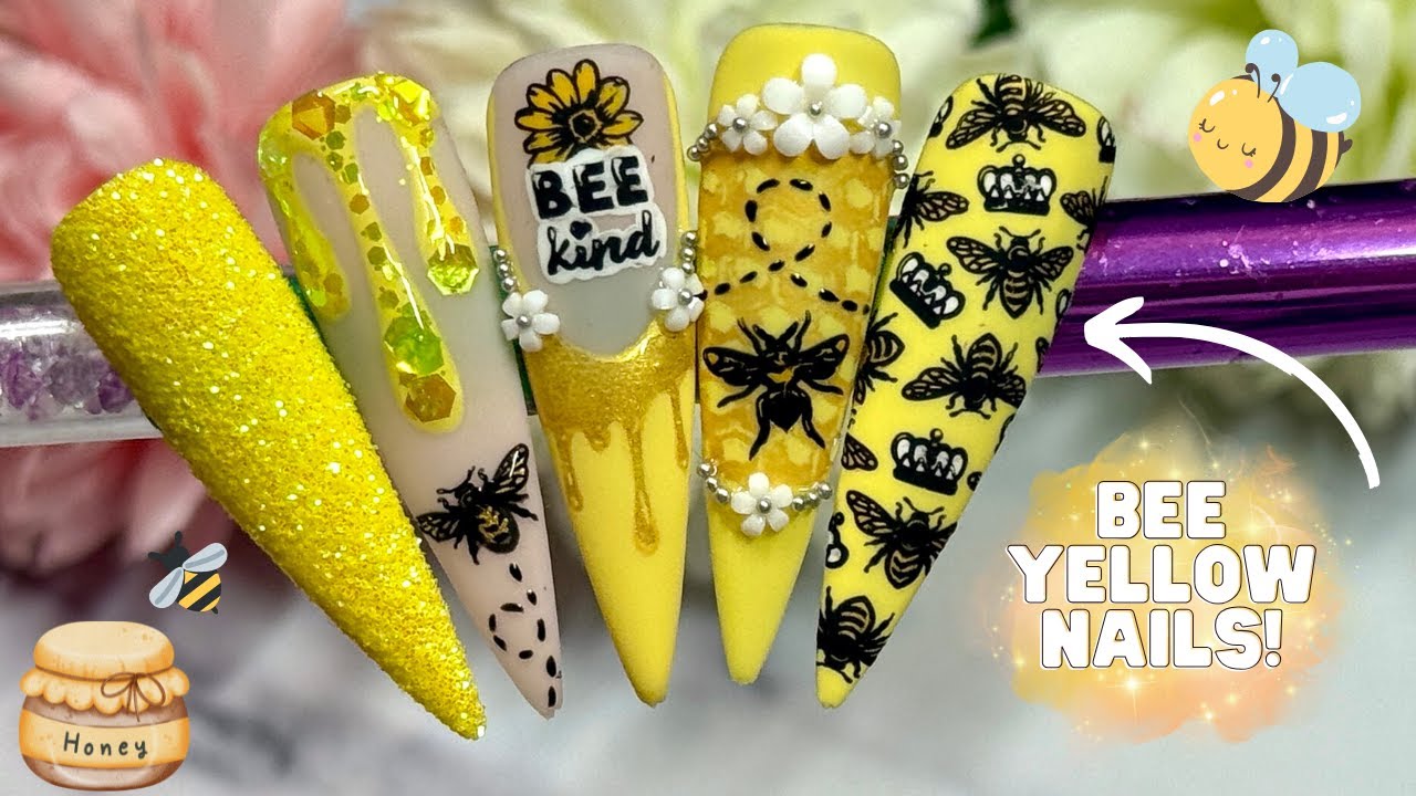 YELLOW BEE INSPIRED NAIL ART DESIGN TUTORIAL| DIFFERENT NAIL STAMPING ...