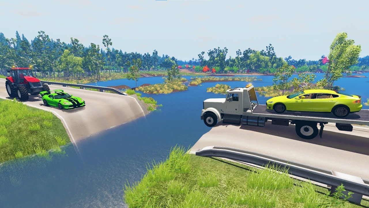 Double Flatbed Trailer Truck vs Speedbumps Train vs Cars Tractor vs ...