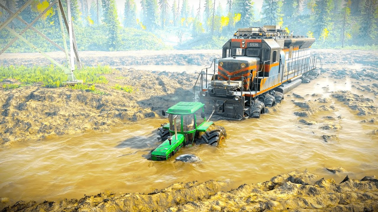 TRAIN STUCK IN MUD - TRACTOR RESCUING TRAIN FROM MUD | SNOWRUNNER HINDI ...