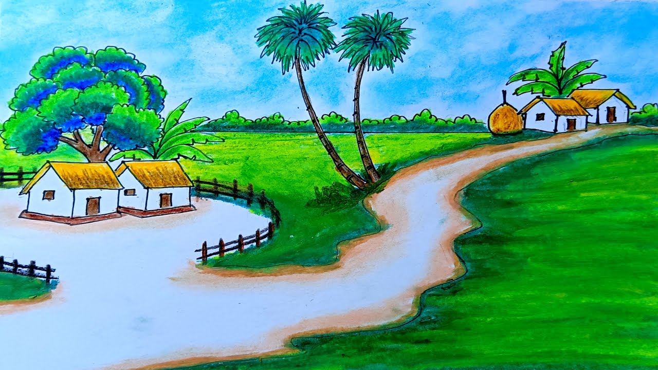 A drawing of a village scenery tutorial for beginners learn - YouTube
