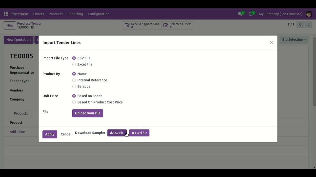 Purchase Tender Management - Import Tender Lines Using CSV/XLS Odoo - YouTube