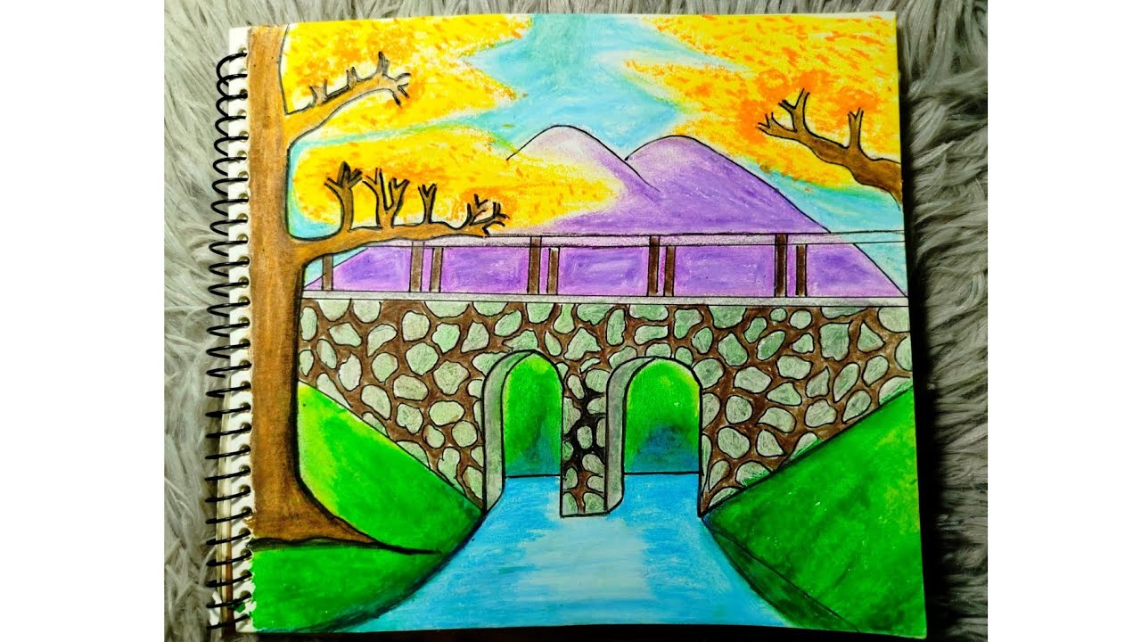 How to draw mountain and bridge || Easy Oil pastel drawing - YouTube