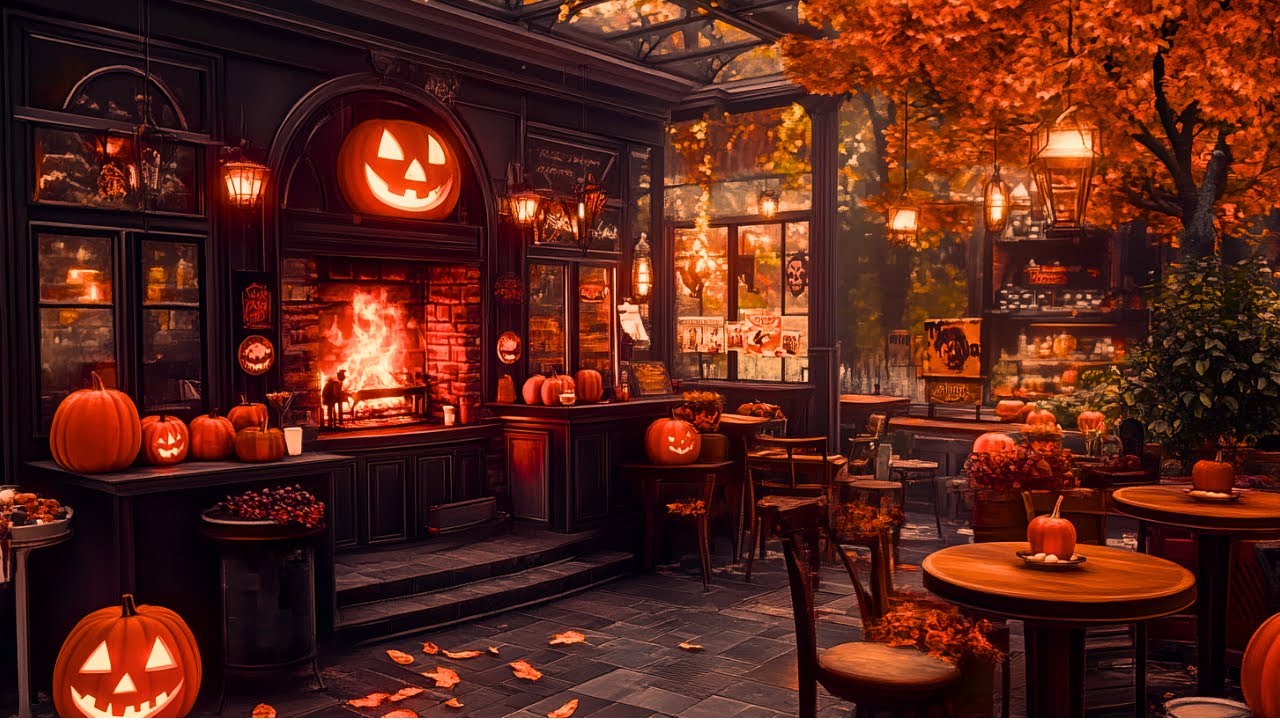 Spooky Cafe Ambience at Relaxing Halloween Jazz Music & Warm Crackling ...
