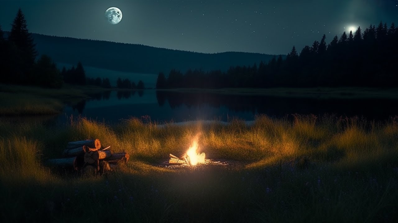 🌕 Moonlit Spring Meadow ASMR Ambience ⭐️ Campfire, Crickets, Owls ...