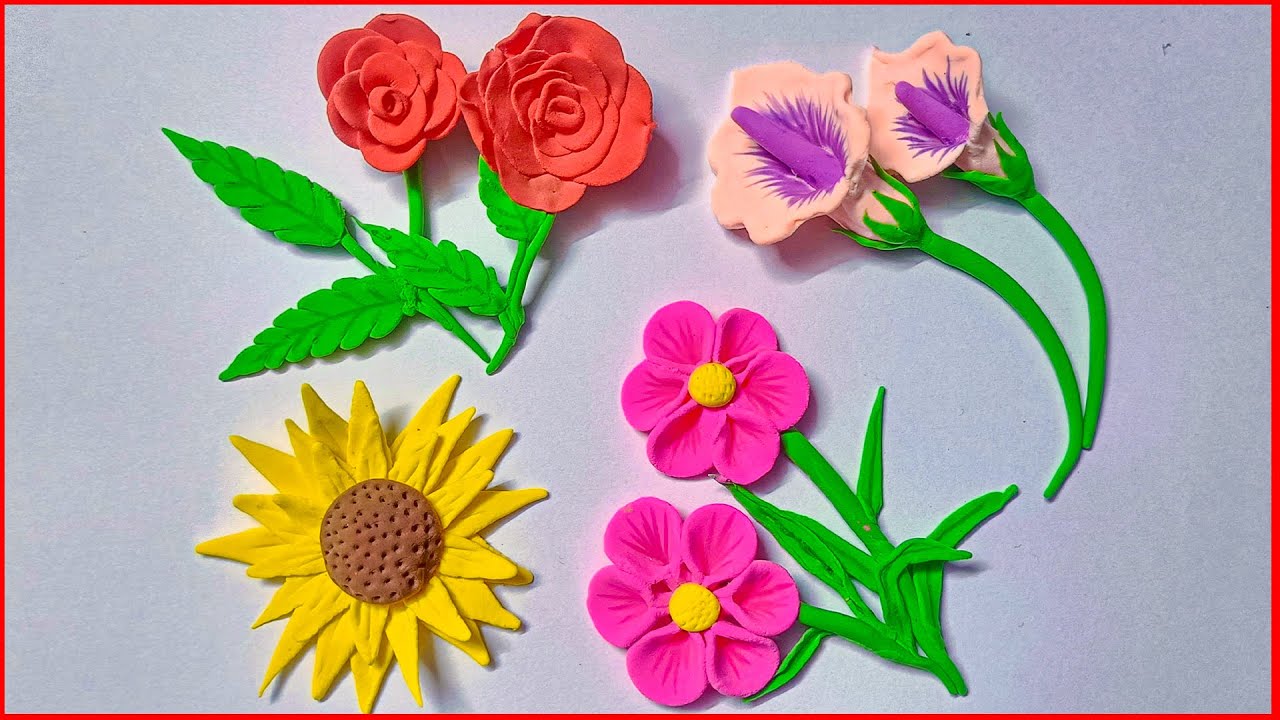 Many Flowers Making By Clay | Clay Flowers | Rose | Sunflower - YouTube