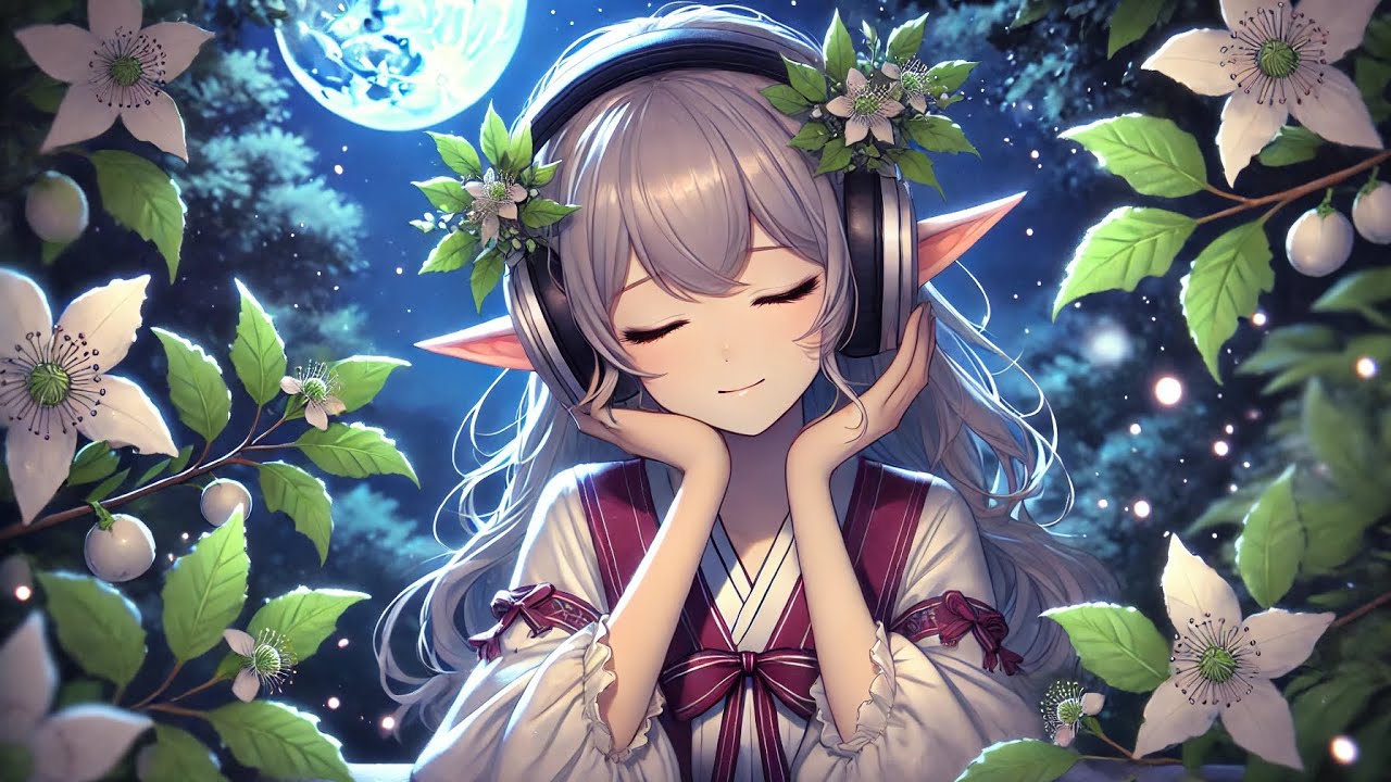 Holly Nandina flower, spring, moon,beautiful elf girl sleeping at night ...