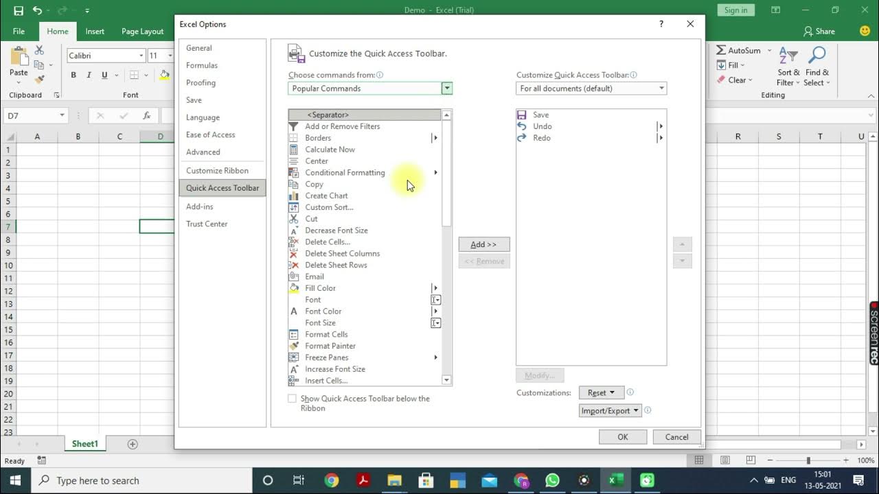 Excel Quick access Toolbar -Telugu - YouTube