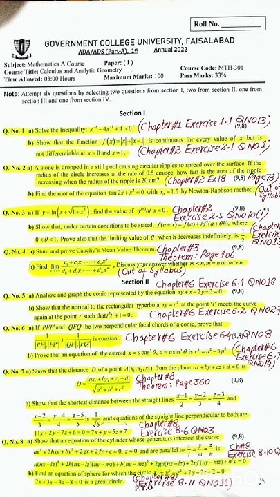 GC Faisalabad ADP/ B.Sc Math Part 1 Math A Course Annual Paper 2022 - YouTube