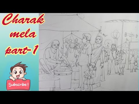 Easy Charak Mela / Village fair subject drawing in watercolor part ...