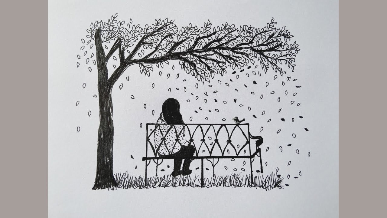 How to draw alone girl under tree || Sad girl drawing || Alone girl ...